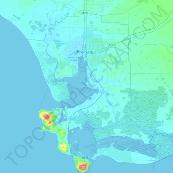 Топографическая карта Invercargill City, высота, рельеф