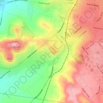 Топографическая карта Drayton, высота, рельеф