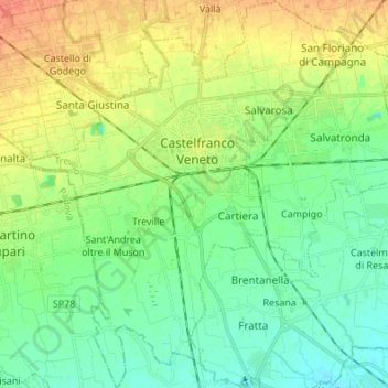 Топографическая карта Castelfranco Veneto, высота, рельеф