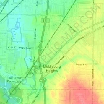 Топографическая карта Middleburg Heights, высота, рельеф