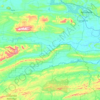 Топографическая карта Yell County, высота, рельеф