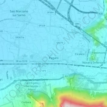Топографическая карта Pagani, высота, рельеф