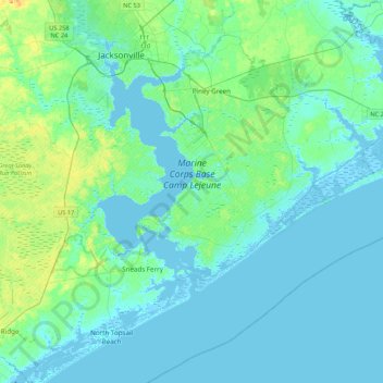 Топографическая карта Marine Corps Base Camp Lejeune, высота, рельеф